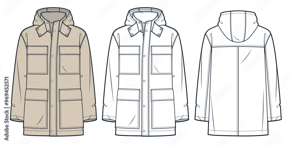 Parka Coat technical fashion Illustration. Hooded Jacket fashion flat ...