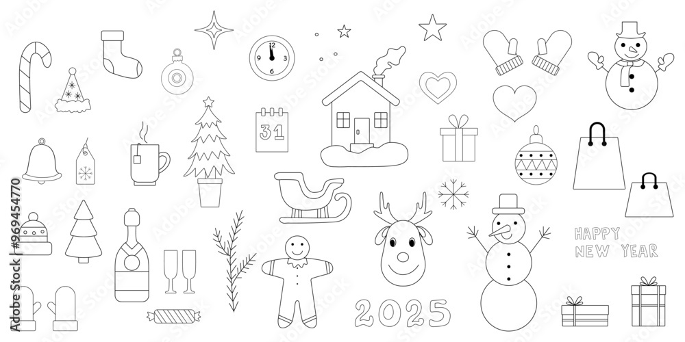 Christmas objects set, outline drawing. Isolated on white background ...