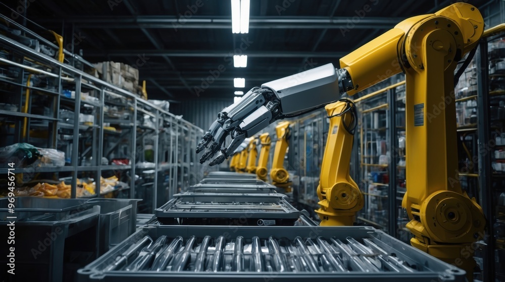 Robotic Arms Sorting and Recycling Plastic and Glass Materials Stock ...