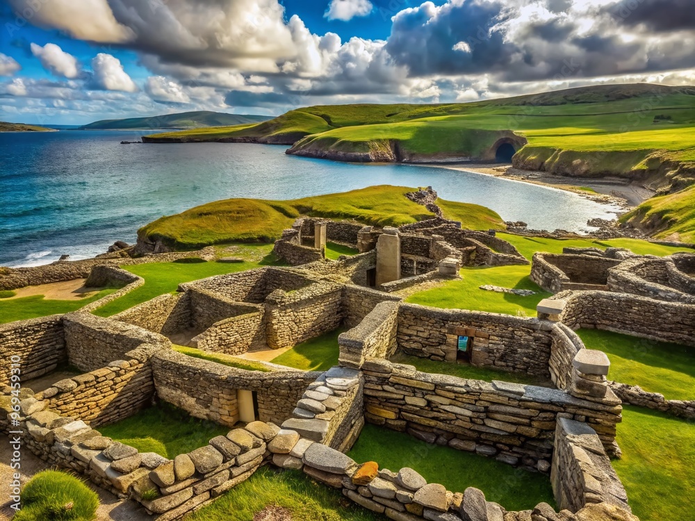 Ancient Neolithic village on the rugged Orkney Islands coastline ...