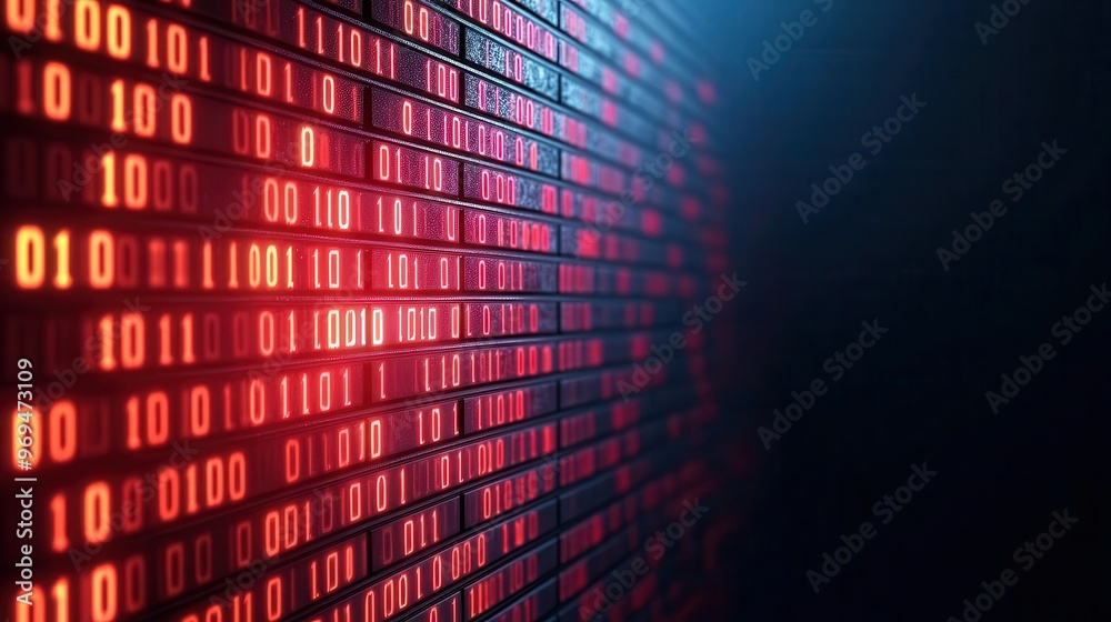 Firewall interface as a glowing wall blocking a flood of binary code ...