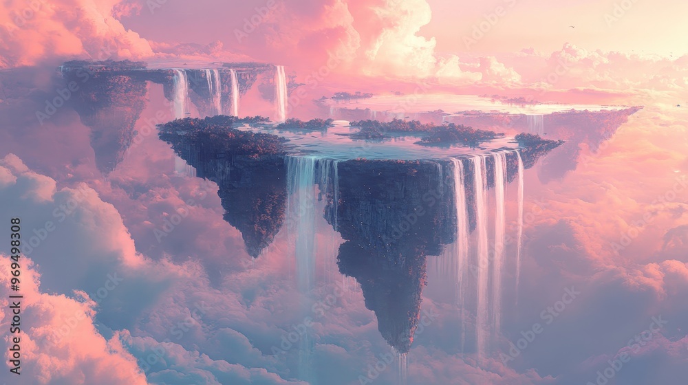 Ethereal Floating Islands with Upside-Down Waterfalls in Pastel Sky ...