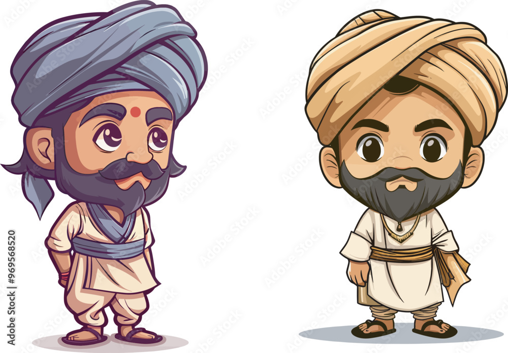 Two Indian men wearing traditional Kurta Pajama and turban character ...
