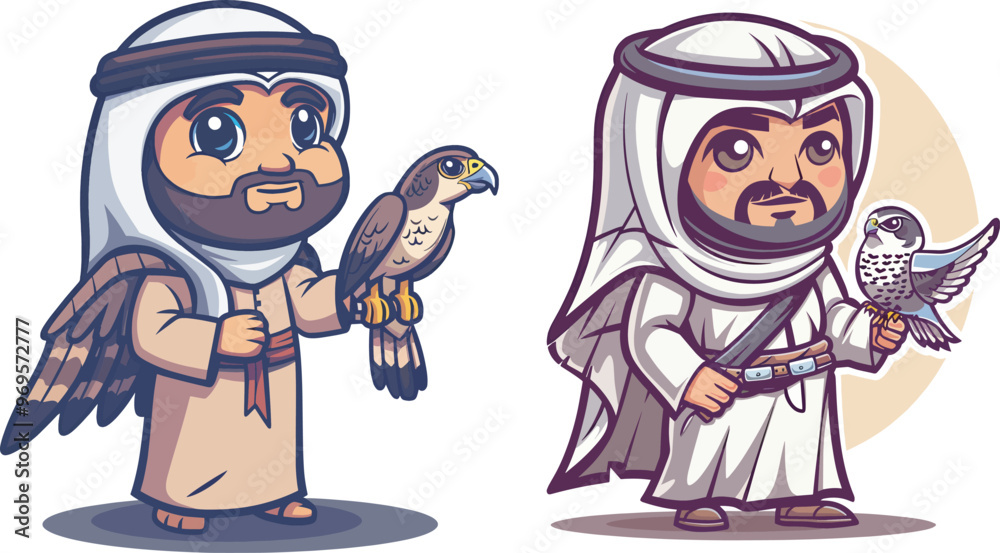 Two Arab men with falcon bird traditional clothing falconry wildlife ...