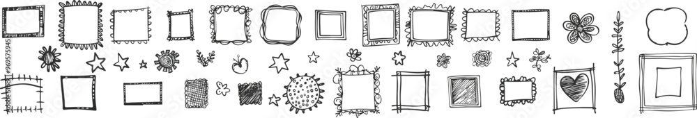 Hand Drawn Doodle Frames Borders Stars Flowers Design Elements Set ...