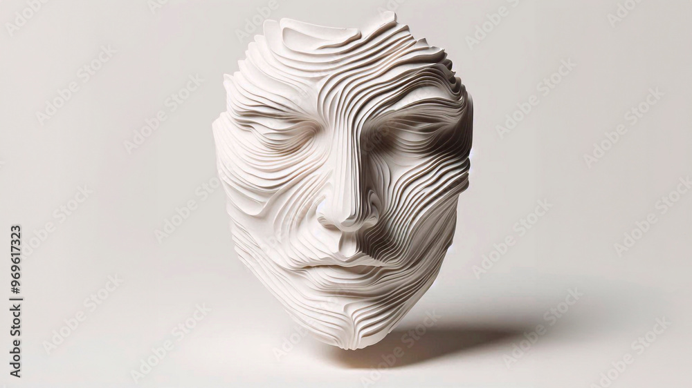 3D face in minimalist style made with thick white paint on a simple ...