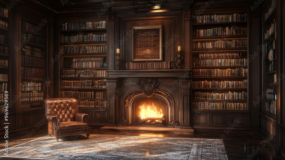 Virtual 3D rendering of a luxury home library, with wooden shelves ...