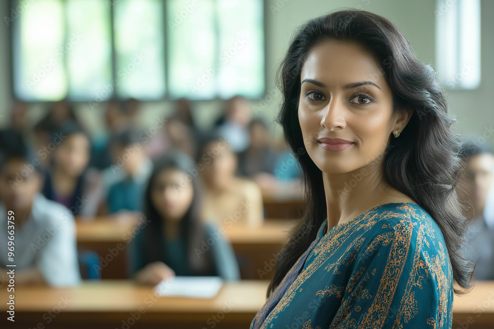 A 40-year-old female professor of Indian appearance stands in front of ...