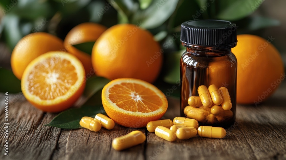 natural vitamin sources promoted with oranges and b supplement capsules ...