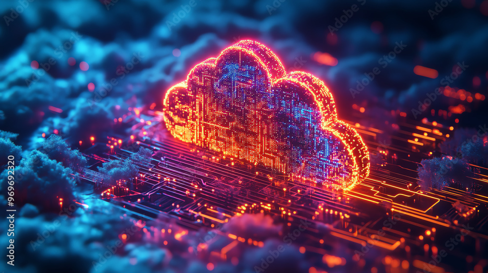 Cloud network diagram with retro 80s technology, neon grids and glowing ...