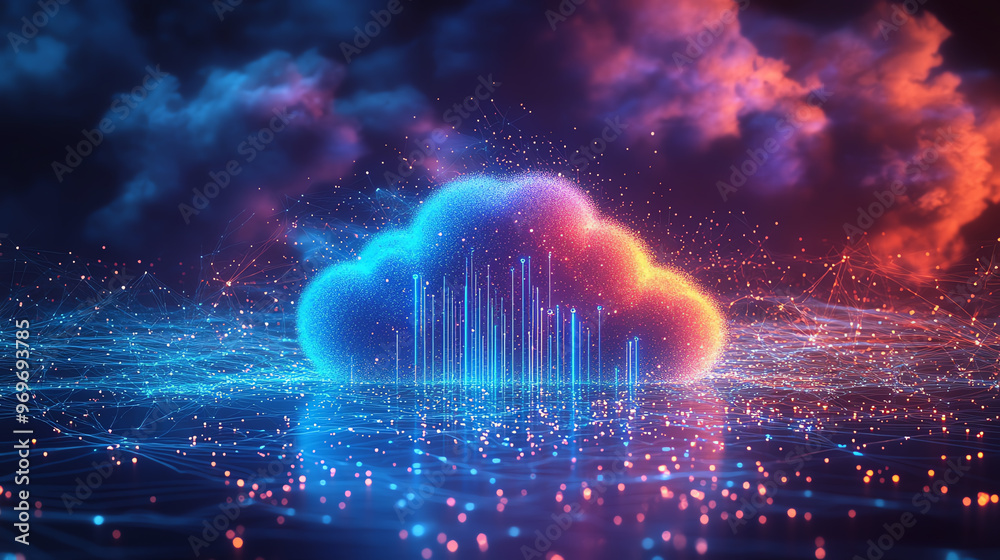 Music streaming network represented by a cloud network diagram, glowing ...