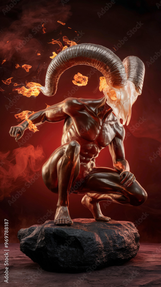Powerful Aries zodiac sculpture featuring a muscular, crouching figure ...