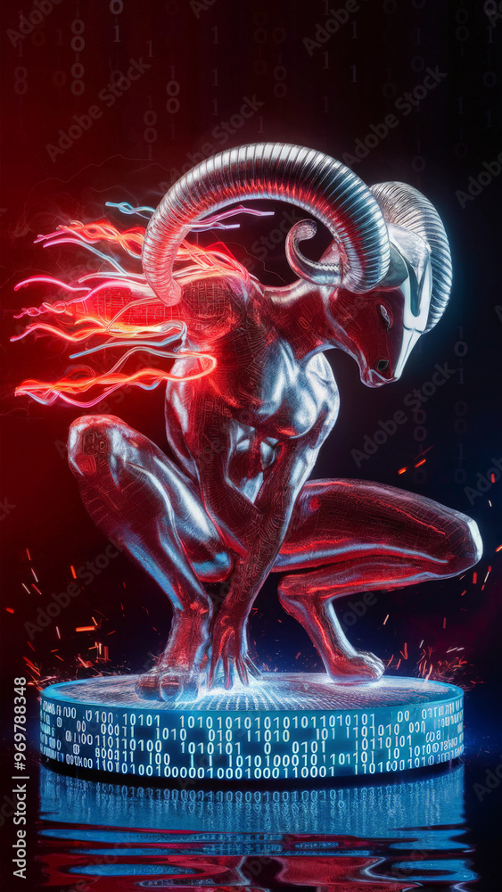 Futuristic Aries zodiac interpretation featuring a ram-horned, chrome ...