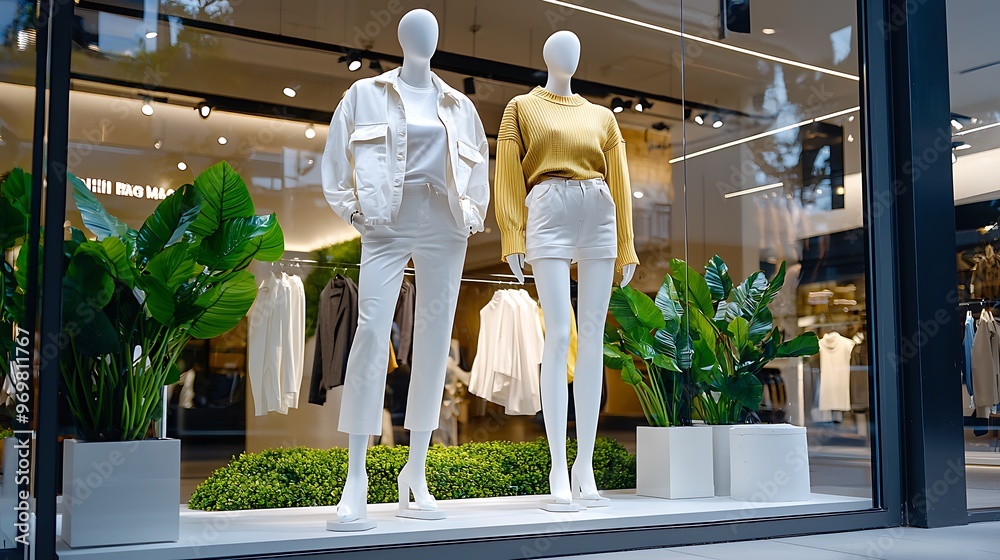 Fashion mannequins in a store window display modern style, catching the ...