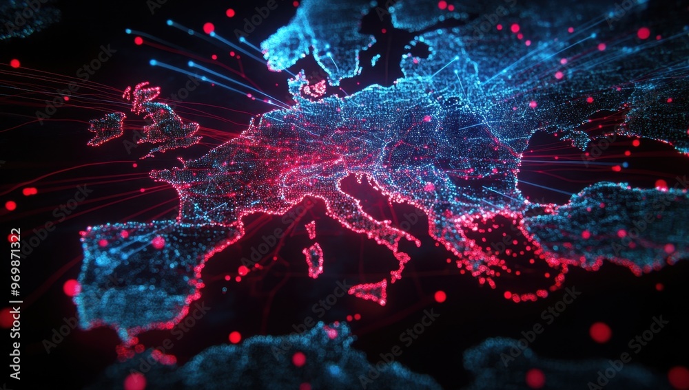 A map of Europe with red and blue lines connecting the cities, creating ...