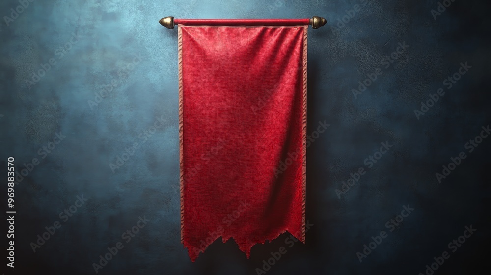 A red medieval flag hangs vertically on a textured blue wall. The flag ...