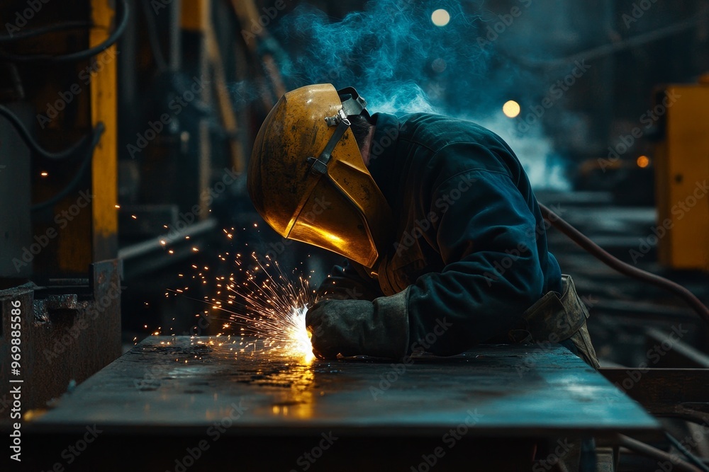 A skilled welder wearing protective gear performs submerged arc welding ...