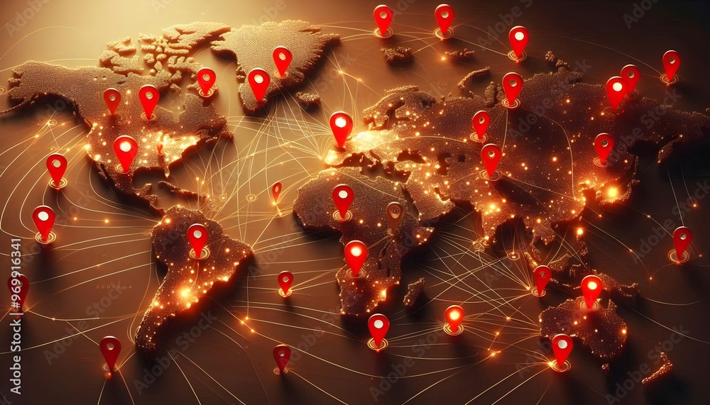 World Map Illustration with Pins and Connection Paths - Detailed Map ...