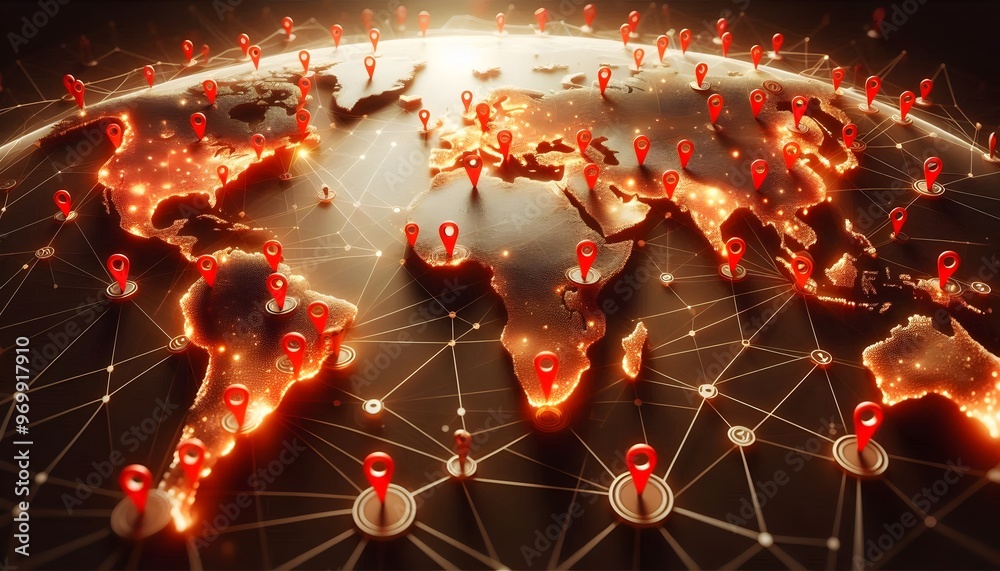 World Map Illustration with Pins and Connection Paths - Detailed Map ...