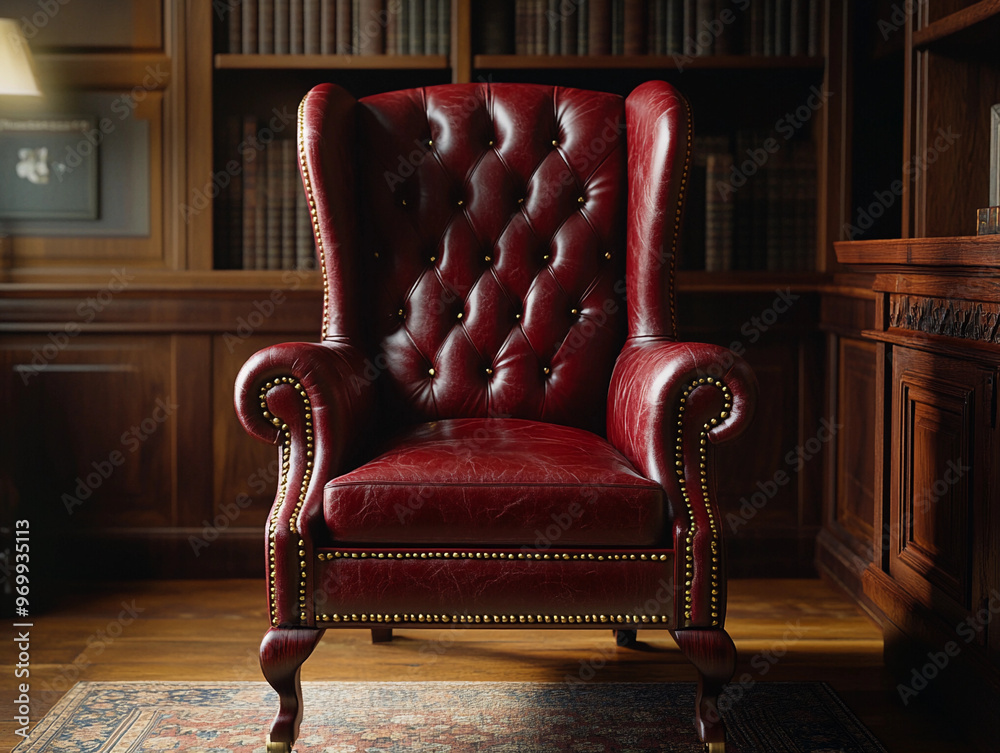 Traditional wingback chair with a high back and rolled arms ...