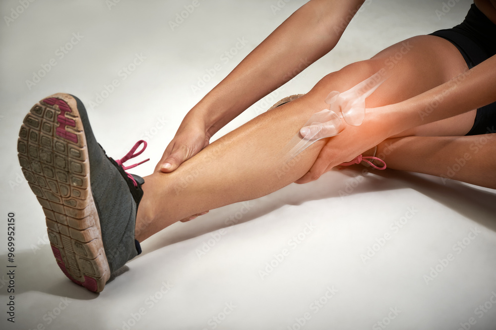 Woman, knee pain and leg for injury in studio, training accident and x ...