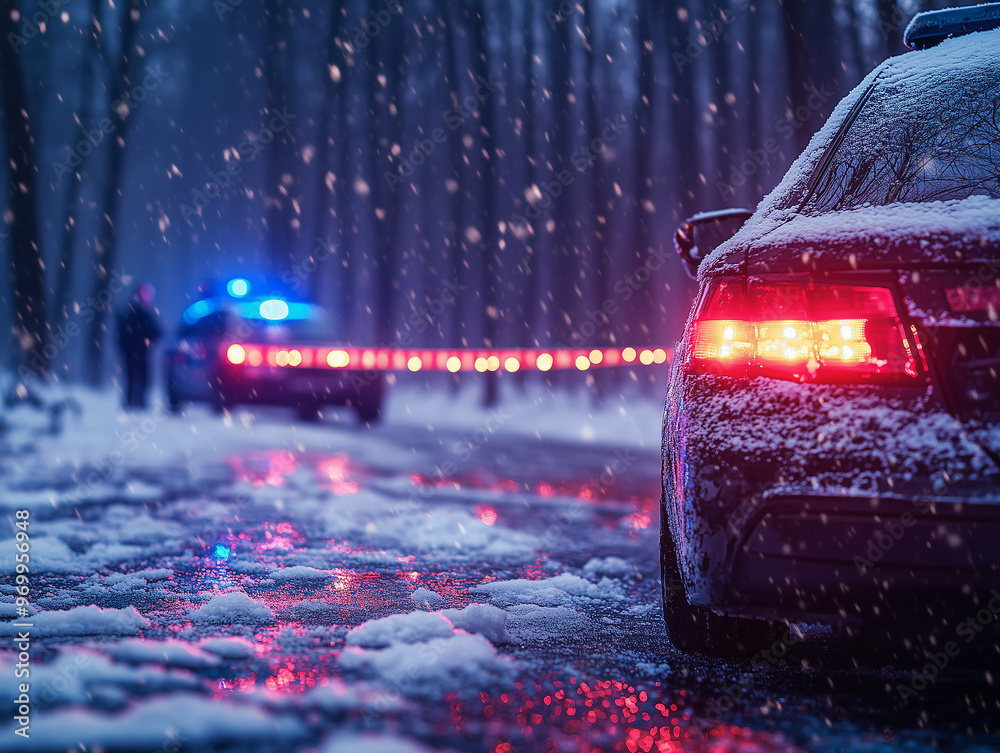 Foto Two police cars are parked on a snowy road in a forest, with ...