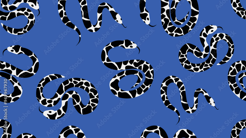 Snakes with black spots on skin. Seamless snakes pattern on the blue background. Vector flat ...