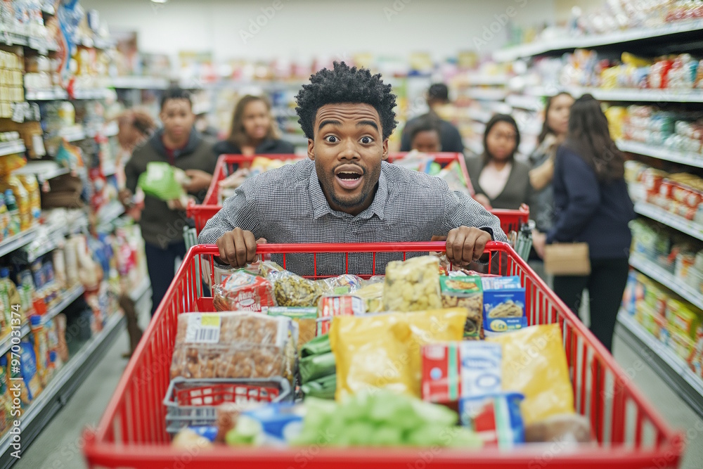 Excited african american man pushing a full grocery cart down a ...