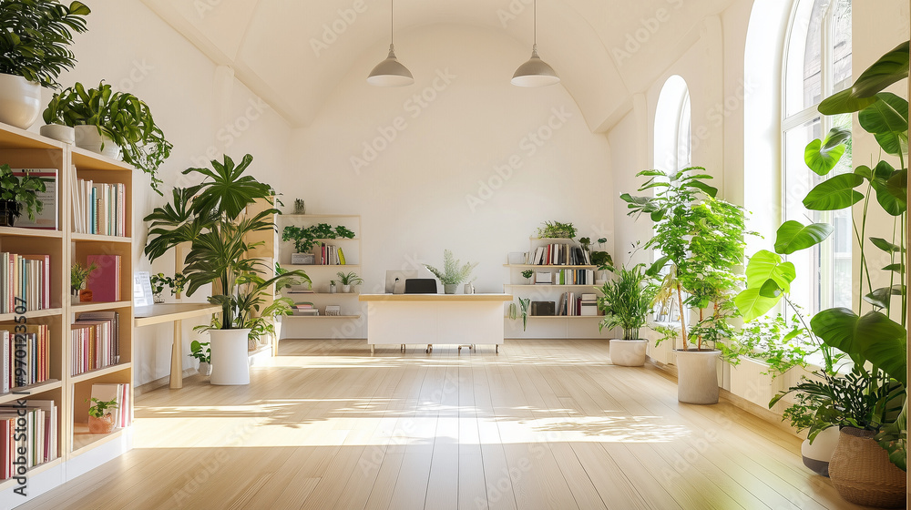 Brightly lit office or studio background with white walls, bookshelves ...