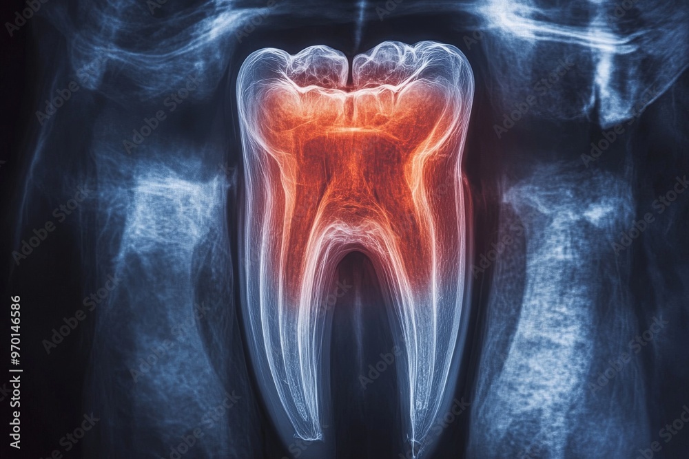 This X-ray image captures a molar tooth, showcasing its internal ...