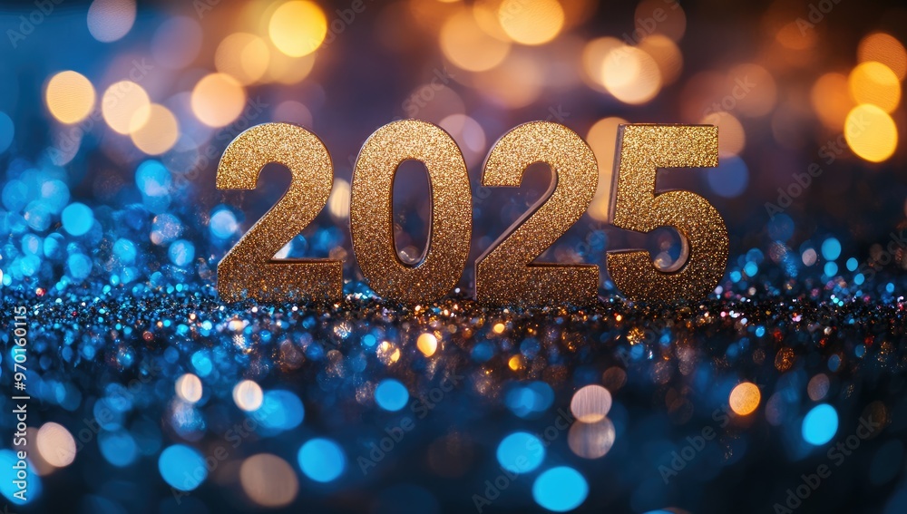 Words 2025. New year concept on lighting background with blurred lights ...