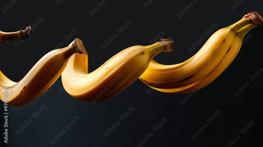A captivating display shows bananas soaring elegantly in a fluid motion ...