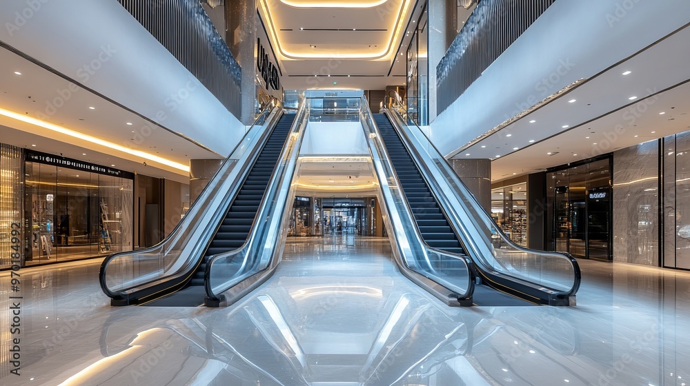 Large internal escalator in department store with a wide angle. A ...