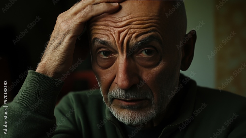 Sad elderly man struggling with dementia and emotional problems ...