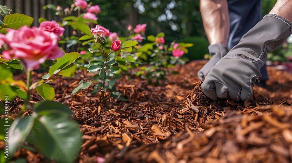 Gardener mulching summer garden with shredded wood mulch Man puts ...