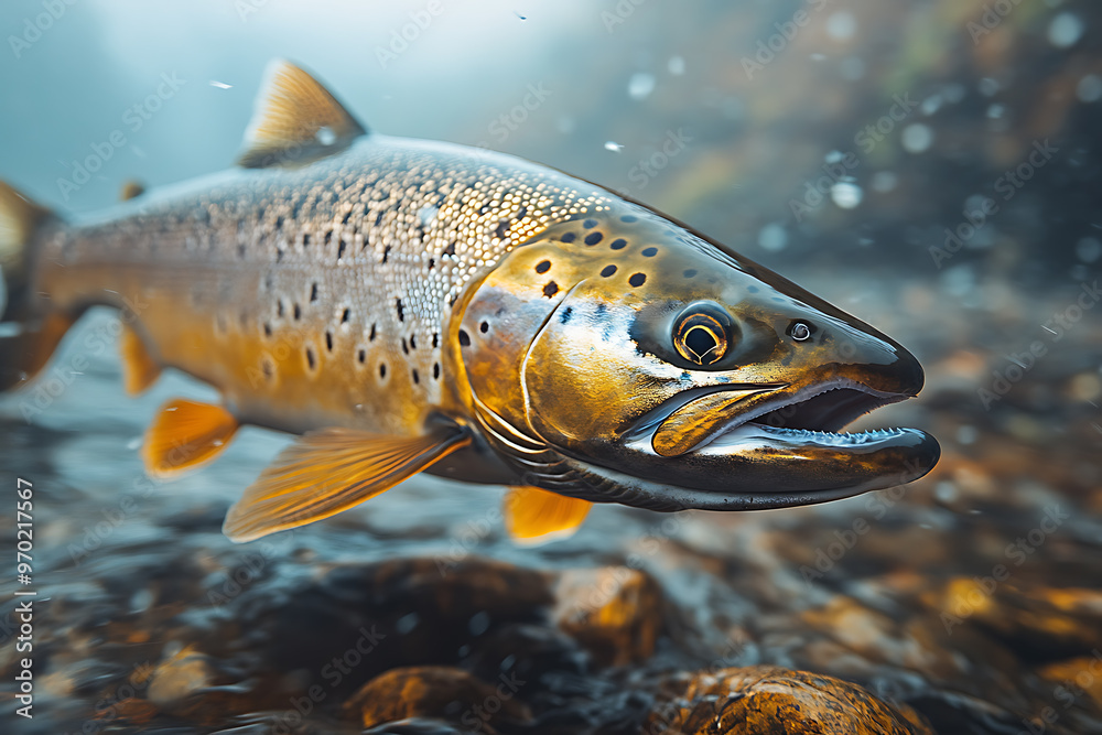 A realistic photo of wild salmon swimming upstream in a river during ...