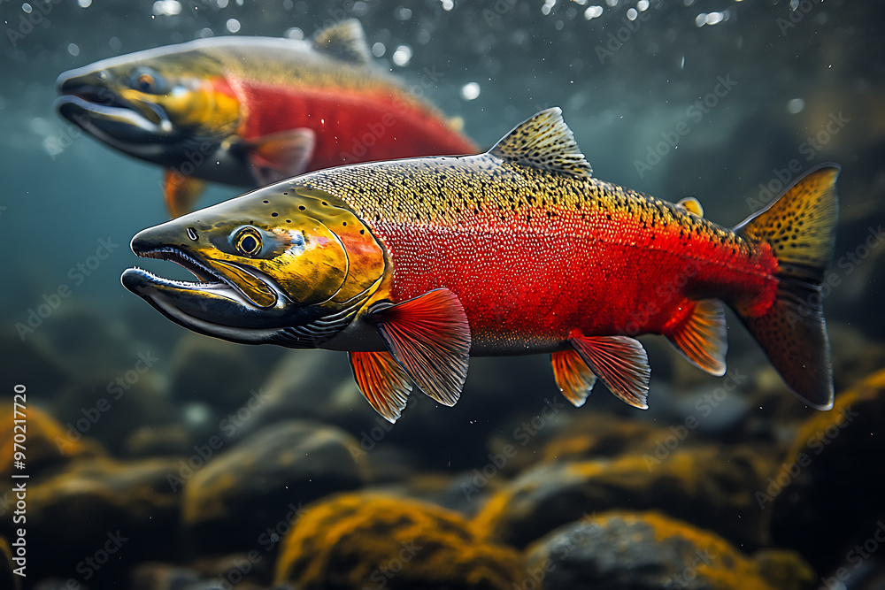 A realistic photo of wild salmon swimming upstream in a river during ...