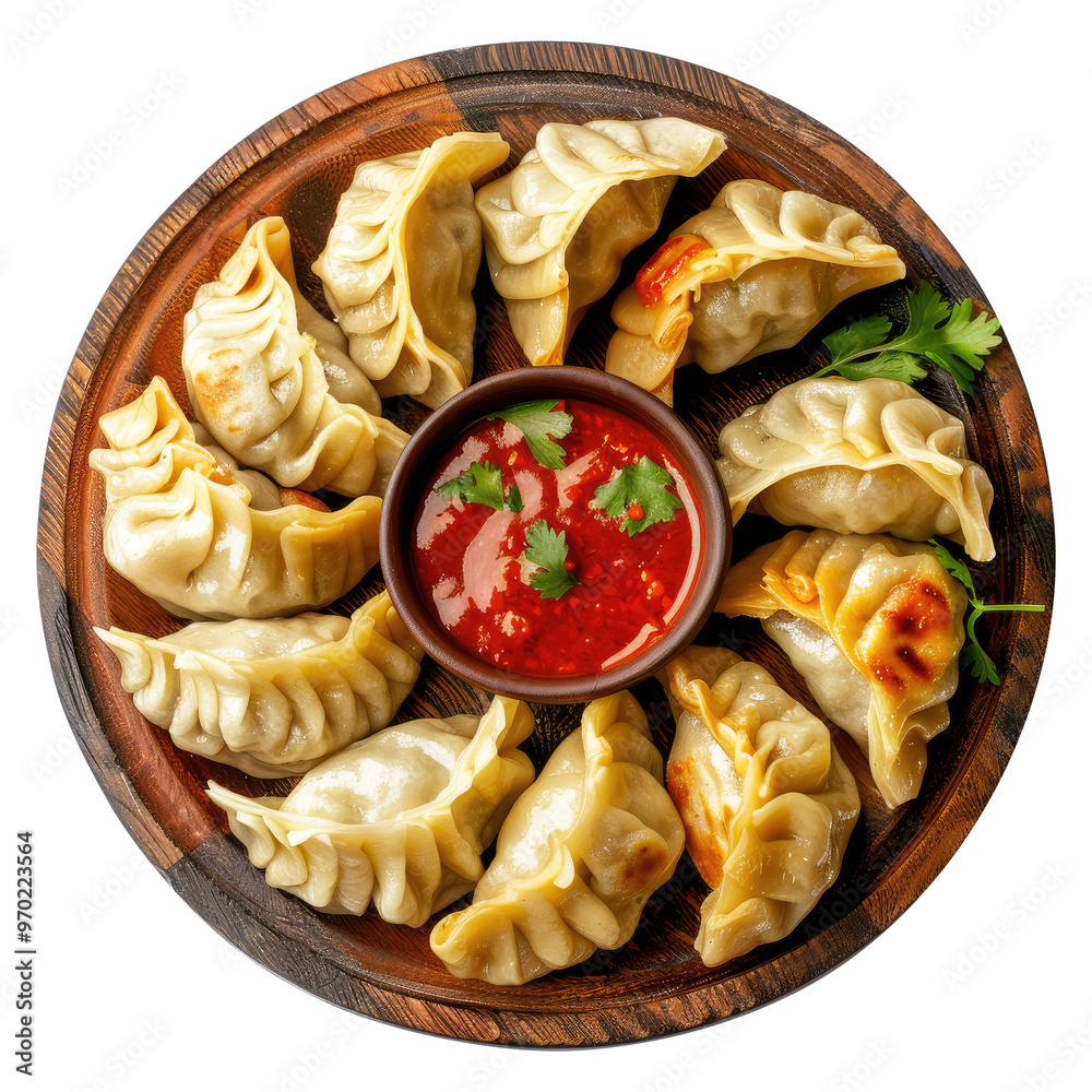 Dumpling momos with sauce in a wooden plate top view isolated on ...
