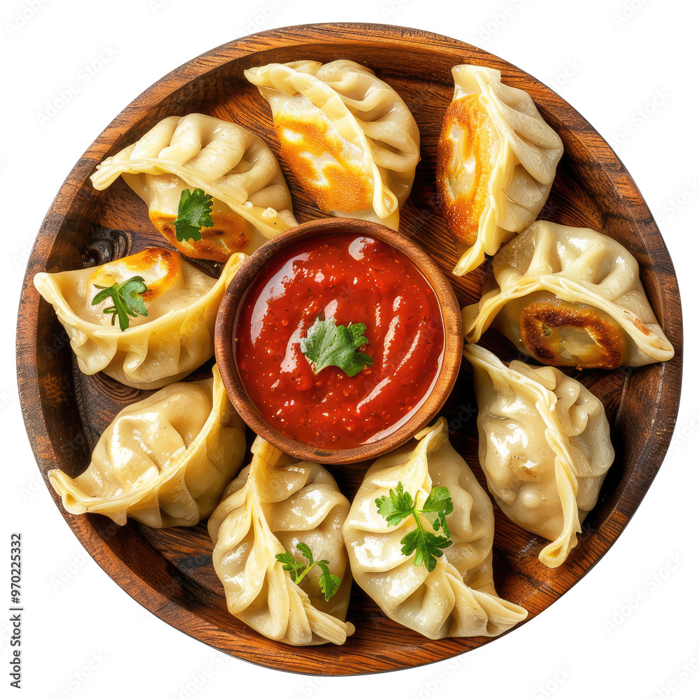 Dumpling momos with sauce in a wooden plate top view isolated on ...
