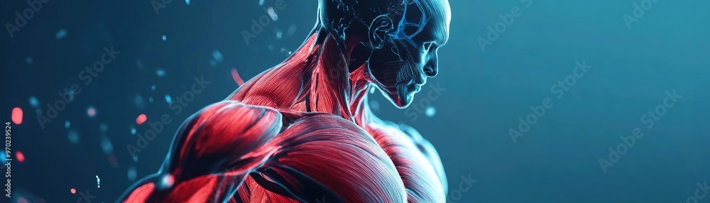 Anatomical model showcasing human muscles in a vibrant blue and red ...