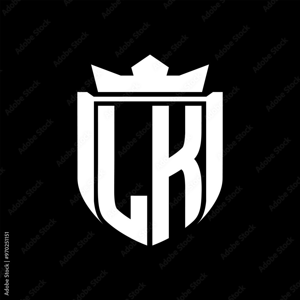 LK Letter logo shield shape inside shield badge crown on black background template design Stock ...