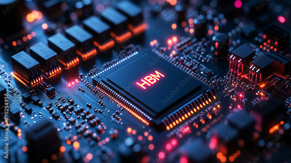 "HBM" letters glowing on dark background. Image of stacked high bandwidth dram memory chips ...
