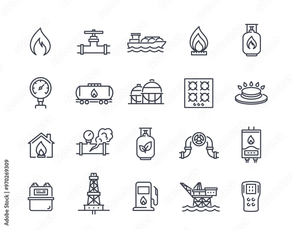 Set of natural gas line icons. Simple symbols with gas pipeline, cast ...