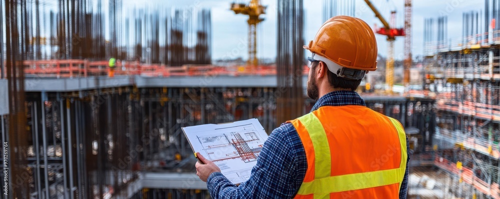 Engineer analyzing steel frame connections with construction site in ...