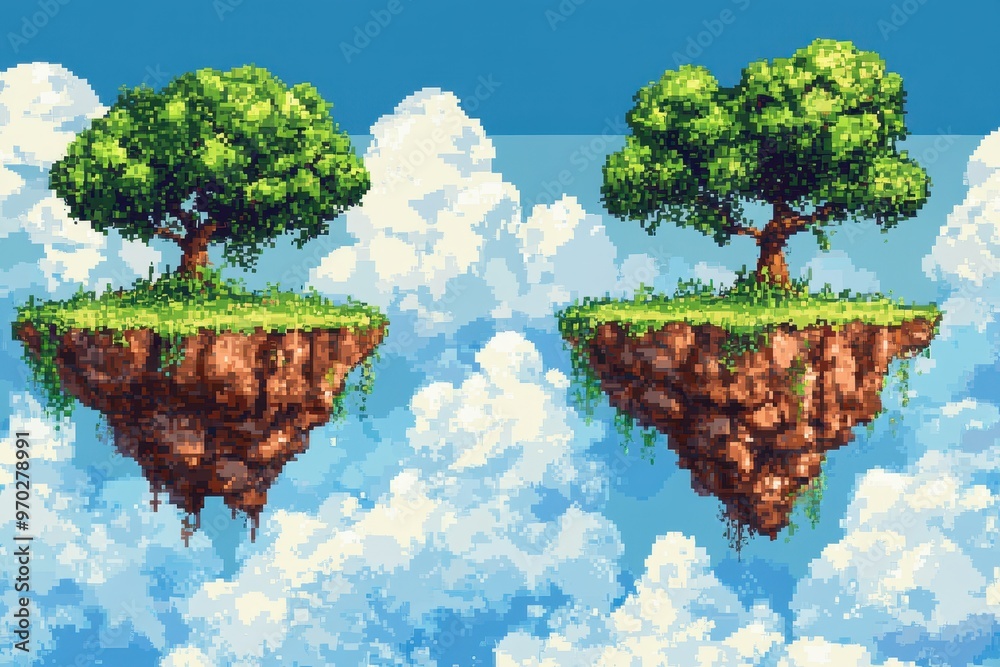 Retro 8-Bit Pixel Art Floating Islands with Clouds - Creative Digital ...