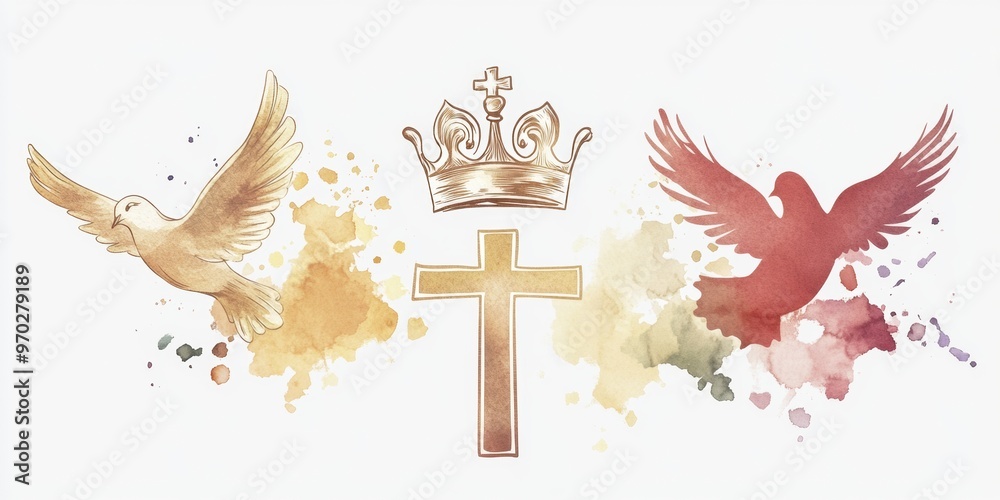 Holy Trinity symbols. Cross, crown and dove of Holy Spirit. Watercolor ...