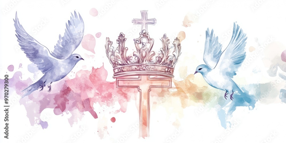 Holy Trinity symbols. Cross, crown and dove of Holy Spirit. Watercolor ...