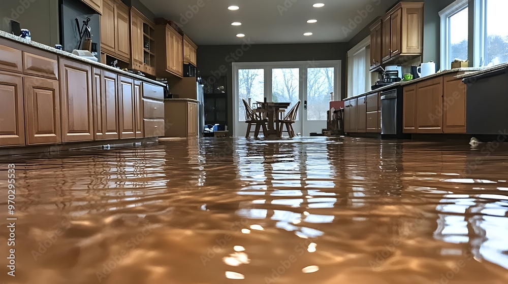 Flooded kitchen floor with swirling brown water, cabinets partially ...