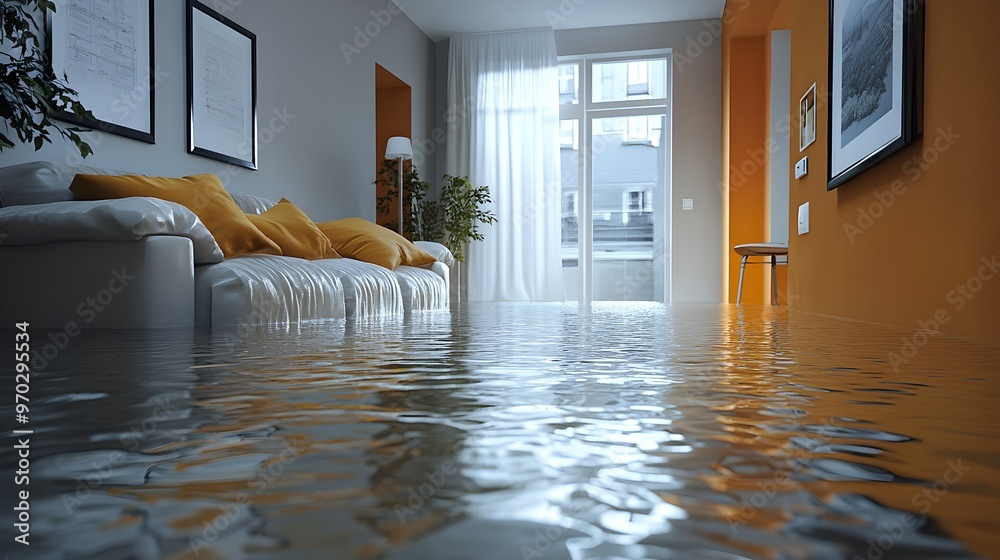 Flooded interior with water dangerously close to electrical outlets ...