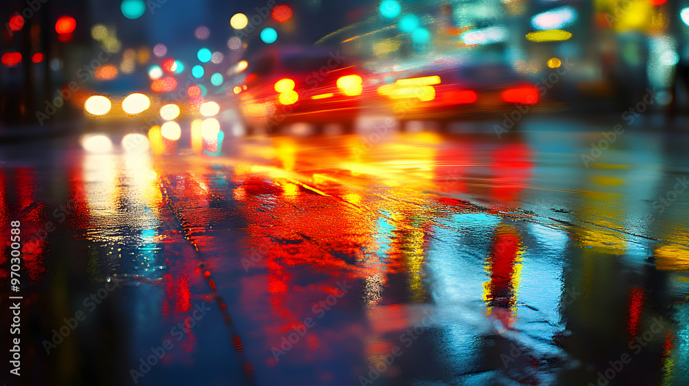 A rainy urban street at night with vibrant traffic lights reflecting on ...